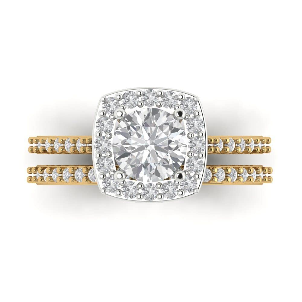 1.58ct Round Cut Clear Simulated Diamond 14k 2 tone Gold Halo Solitaire W/Accents Wedding Engagement Bridal Ring Set Sz 3.5