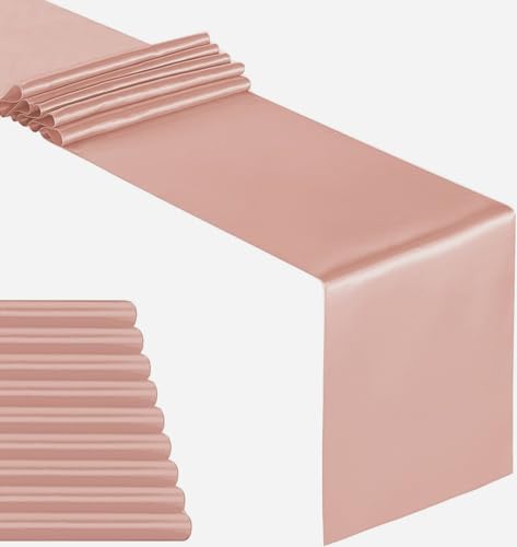 YUHX Pack of 10 Satin Table Runner 12 x 108 Inches Long, Rose Gold Table Runners for Wedding, Birthday Parties, Banquets Decorations(Rose Gold, 10 Pack)