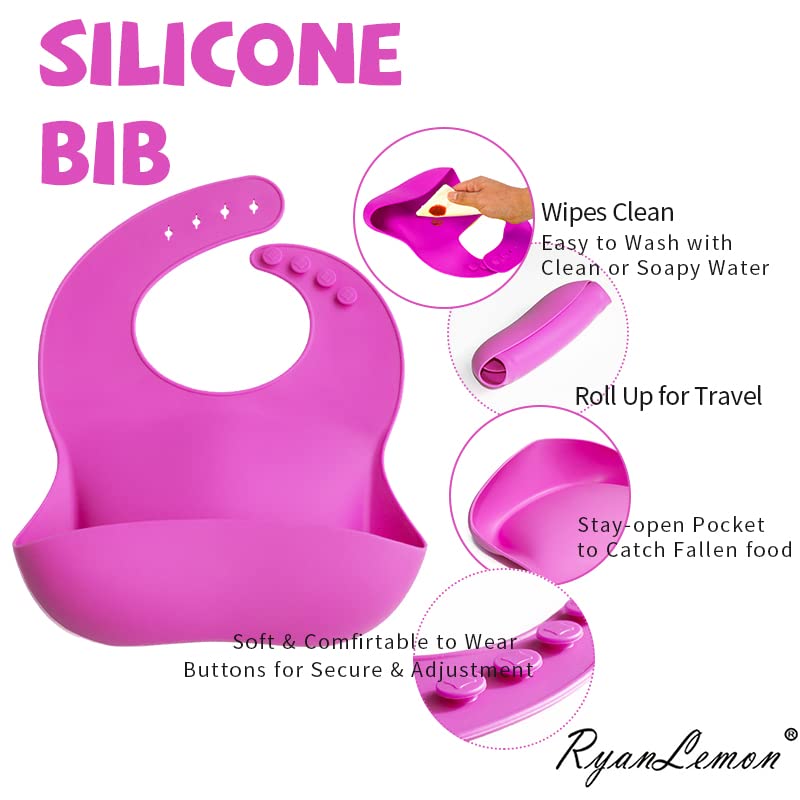 RyanLemon Baby Feeding Set, Silicone Baby Led Weaning Set, Suction Plate and Bowl, Pocket Bib, Spoon Fork, Toddler Flatware Set for Babies 6 Months+, Purple