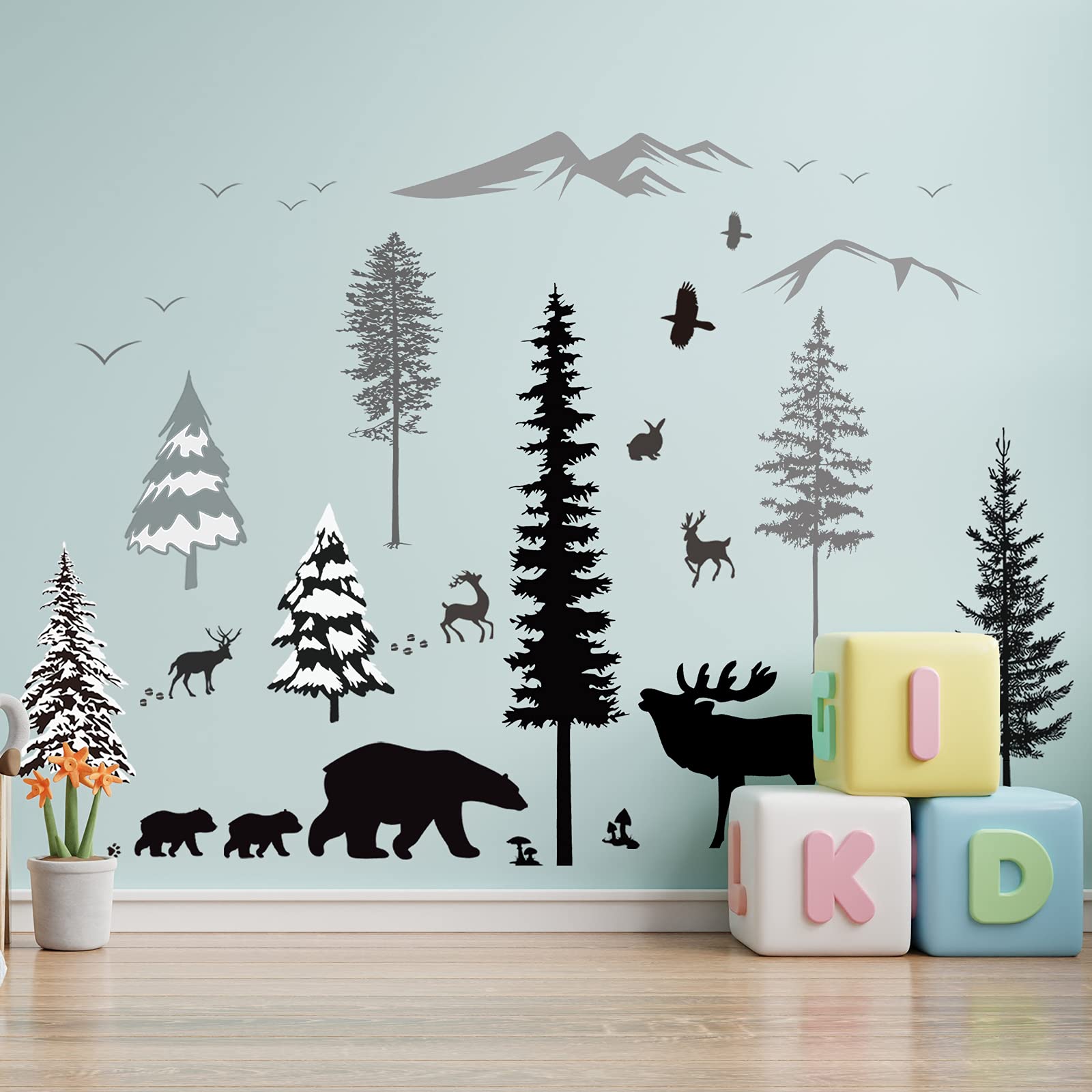 Woodland Nursery Decor Tree Wall Decals Mountain Forest Animal Bear Deer Wall Stickers Forest Wall Mural Sticker Removable Wall Decals for Kids' Room Bedroom Nursery Living Room