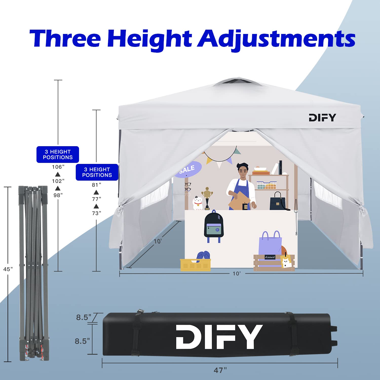 10x10 Durable EZ Pop Up Canopy with 4 Removable Sidewalls, 4 Sandbags. Outdoor Canopy Tent with Roller Bag, Patio Outdoor Canopy for Commerce, Beach, Party.(White)