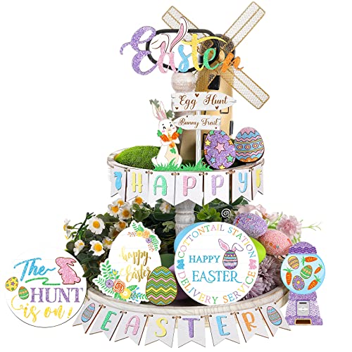 11 Pcs Easter Tiered Tray Decor Set Wood Easter Egg Decoration Easter Bunny Table Decor Rustic Farmhouse Ornaments for Easter Market Home Kitchen Holiday Party (Egg Style)
