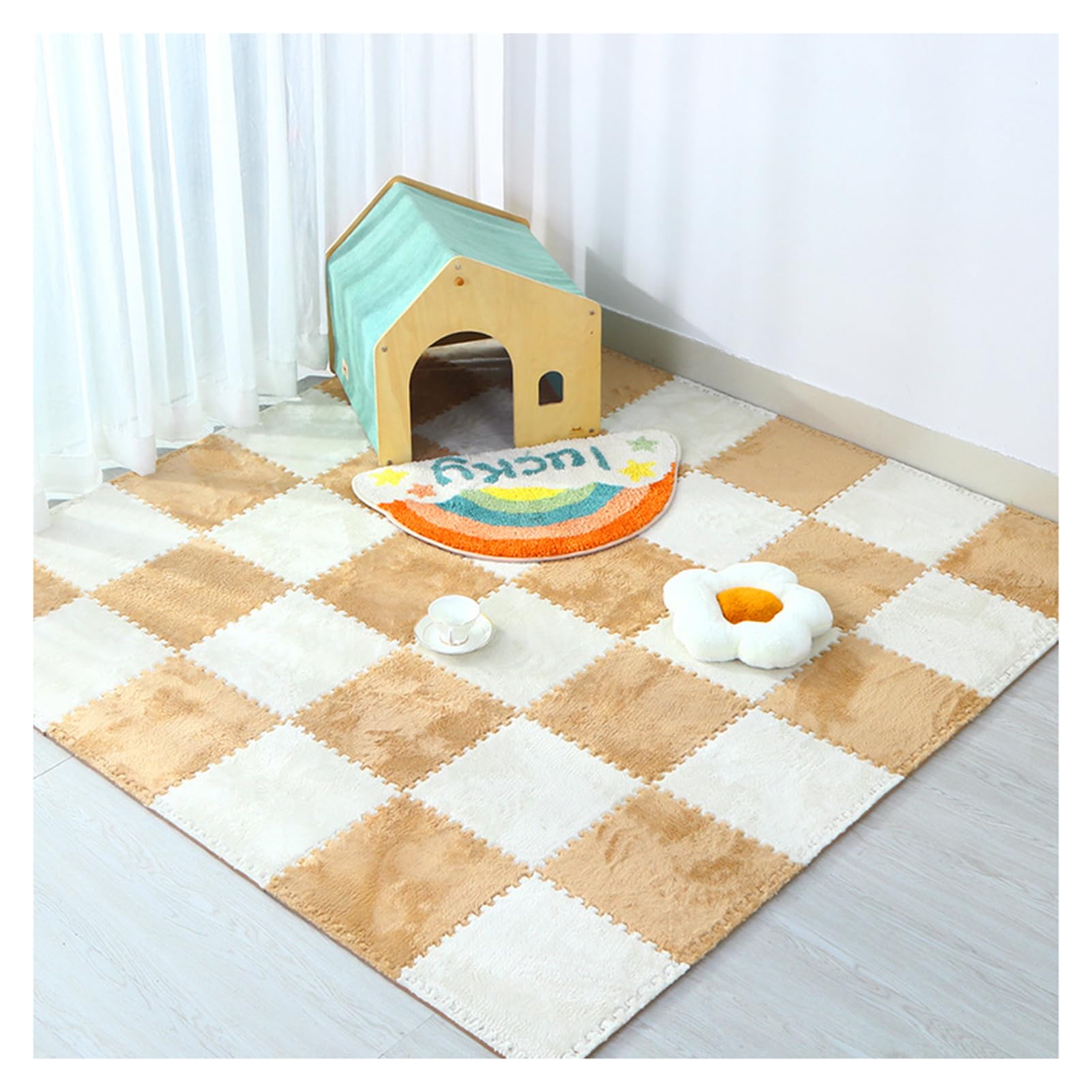 10pcs Puzzle Play Mats, 12" X 12" Plush Interlocking Carpet Tiles, Foam Square Area Rugs for Play Room, Bedroom, Easy to Install DIY(Color:White+Khaki)