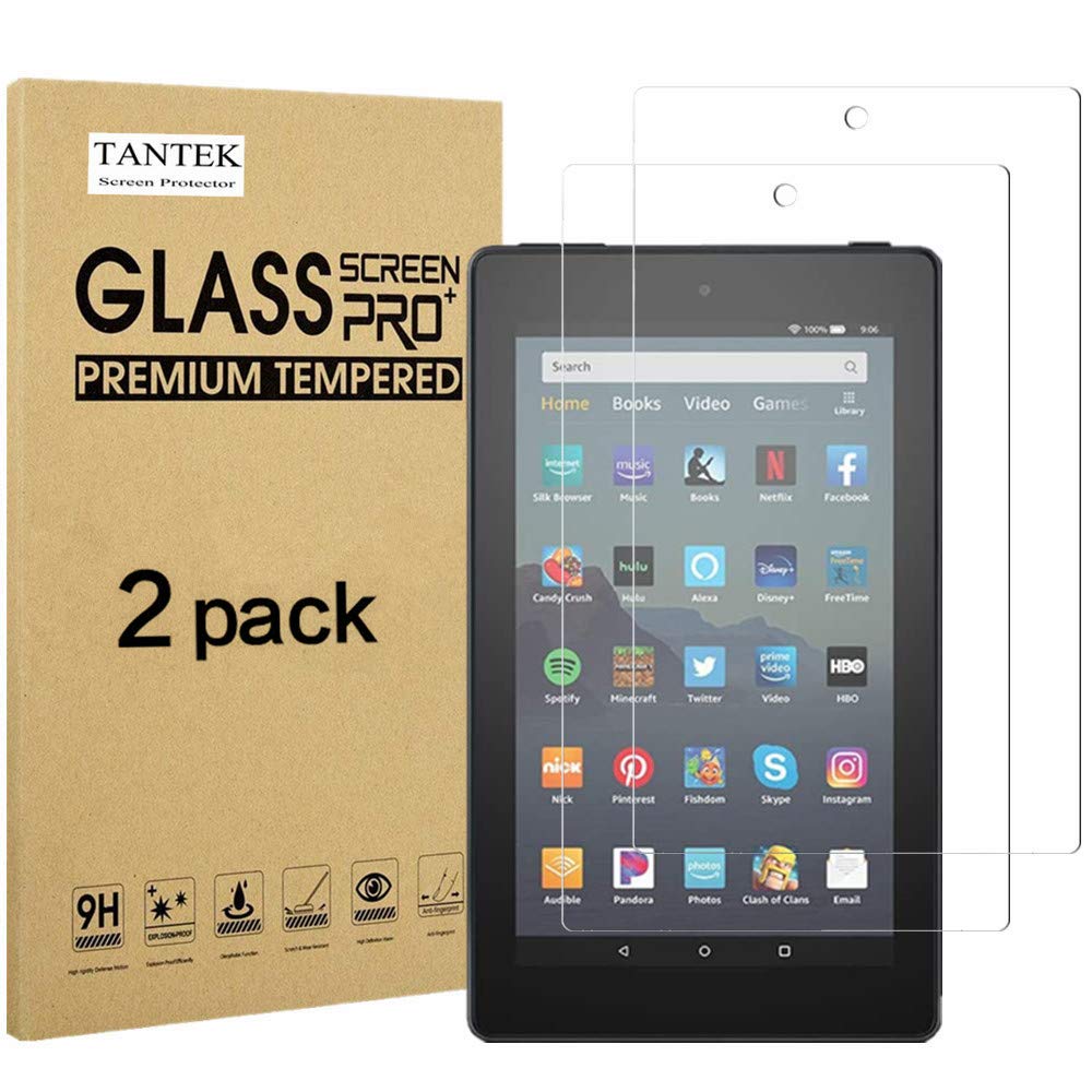 TANTEK [2-Pack Screen Protector for All-New Fire 7 / Fire 7 Kids Edition (9th/7th Gen, 2019/2017 Release),Tempered Glass Film,Ultra Clear,Anti Scratch,Bubble Free
