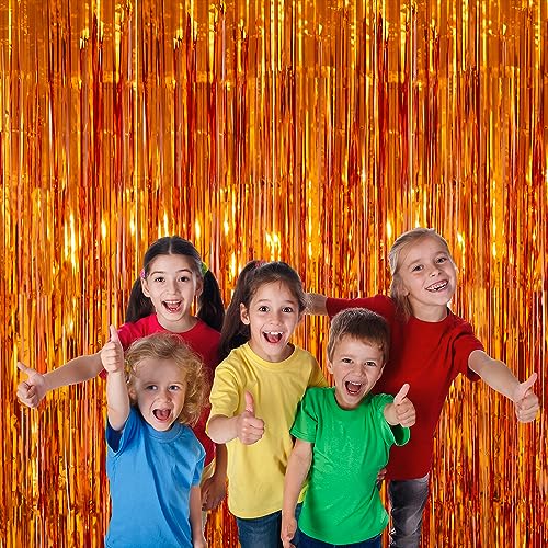 2 Pack 3.2x8.2ft Tinsel Foil Fringe Curtains, Streamers Backdrop Curtains with Adhesive, Photo Booth Background - Home Wall Window Decorations for Birthday, Wedding Party Decor, Orange