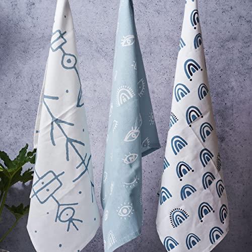 Folkulture Cotton Kitchen Towels and Dishcloths Set with Hanging Loop, Set of 3 Flour Sack Dish Towels and Dish Cloths for Drying Dishes, Highly Absorbent Decorative Tea Towels, 20 x 26 Inches, Mystic