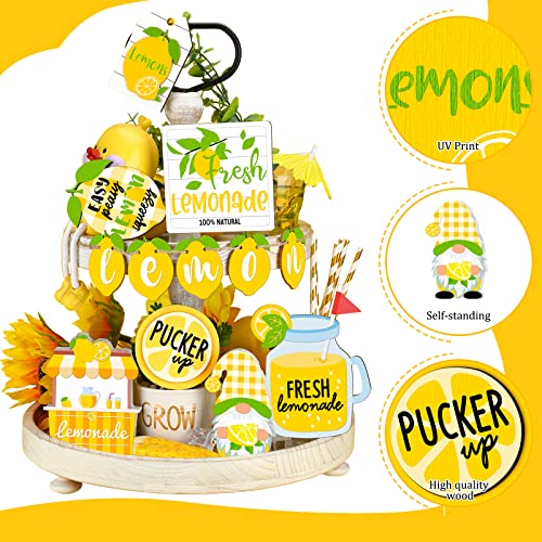11 Pieces Lemon Peach Pumpkin Tiered Tray Decor Set Gnome Fresh Lemonade Wooden Tiered Tray Decor Peach Lemon Wood Blocks Standing Sign Decorations for Layered Pallets Summer Autumn (Lemon Style)