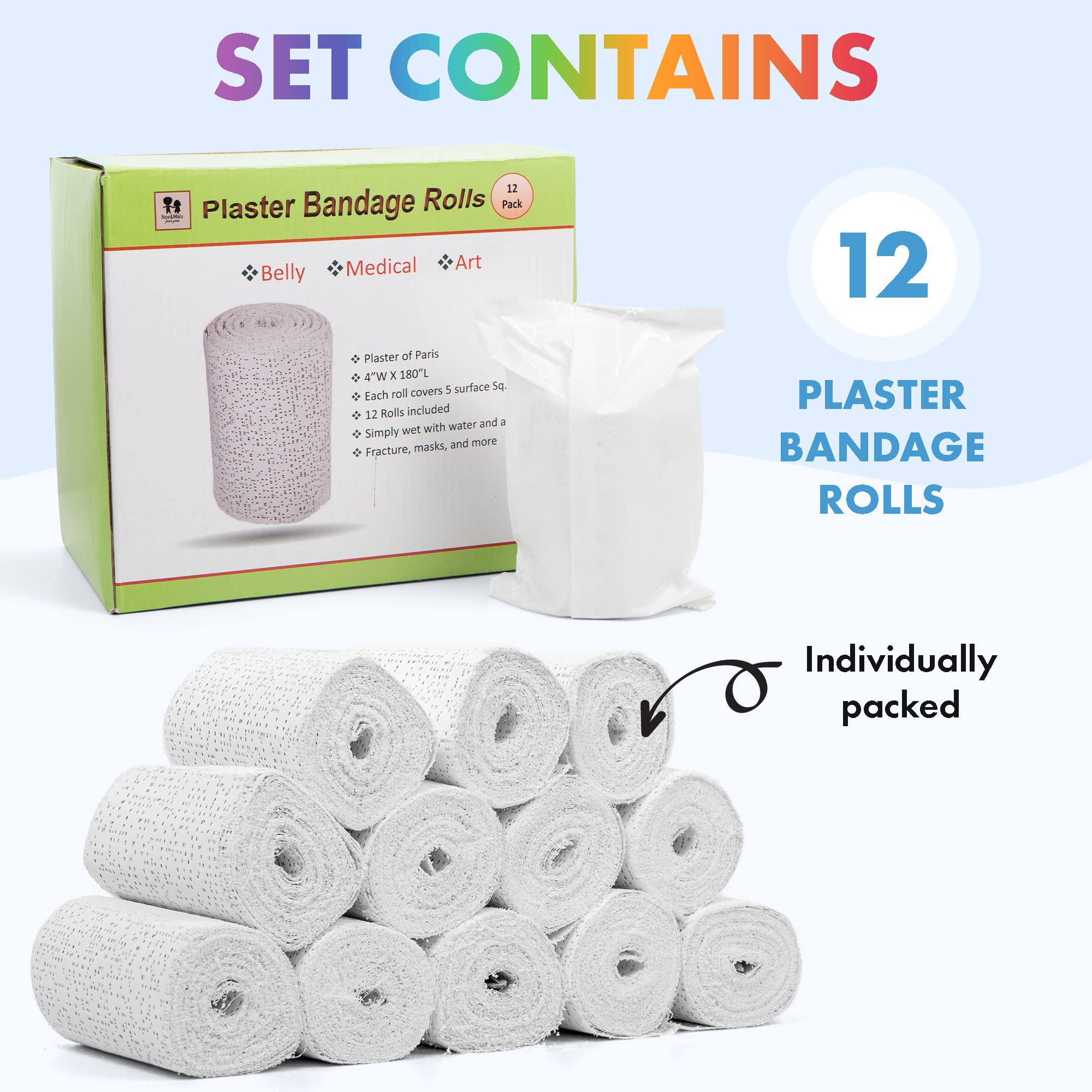 12pc Plaster of Paris Rolls - Fast Setting Gauze for Mache, Belly Casting, & Sculptures | Art and Craft Bandages, Wraps, Masks