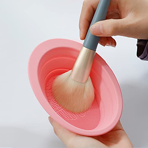 Makeup Brush Cleaning Mat, Silicone Makeup Brush Scrubber, Cosmetic Brush Cleaner, Brush Cleaning Pad, Foldable Makeup Brush Cleaning Bowl Suitable for Makeup Brush, Makeup Sponge, Powder Puff (Pink)