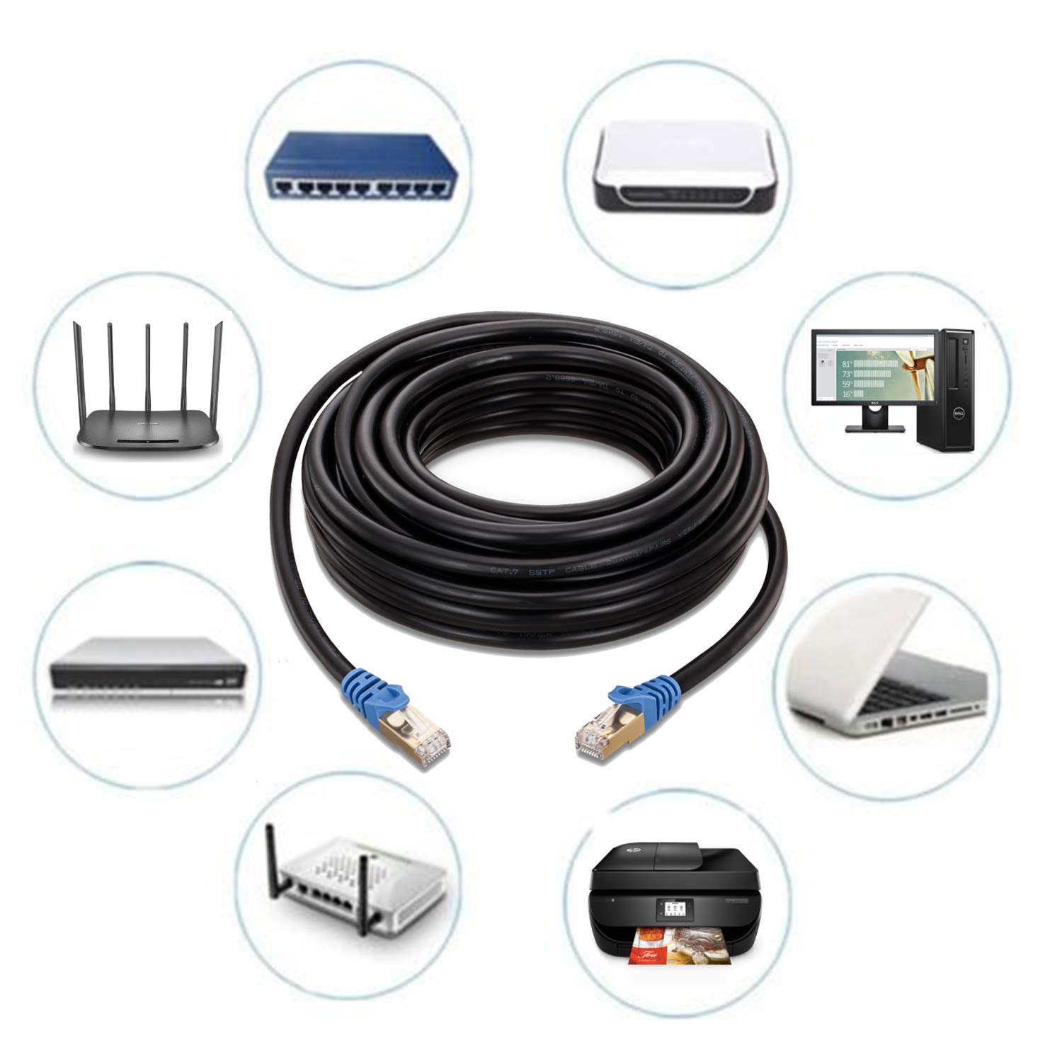 Outdoor Ethernet Cable 250 ft, Cat7 Outdoor Ethernet Cable Waterproof Ethernet Cable High Speed LAN Network Patch Cable Cord with Gold-Plated RJ45 Connector for Ethernet Printer, IP Cameras,Switch POE