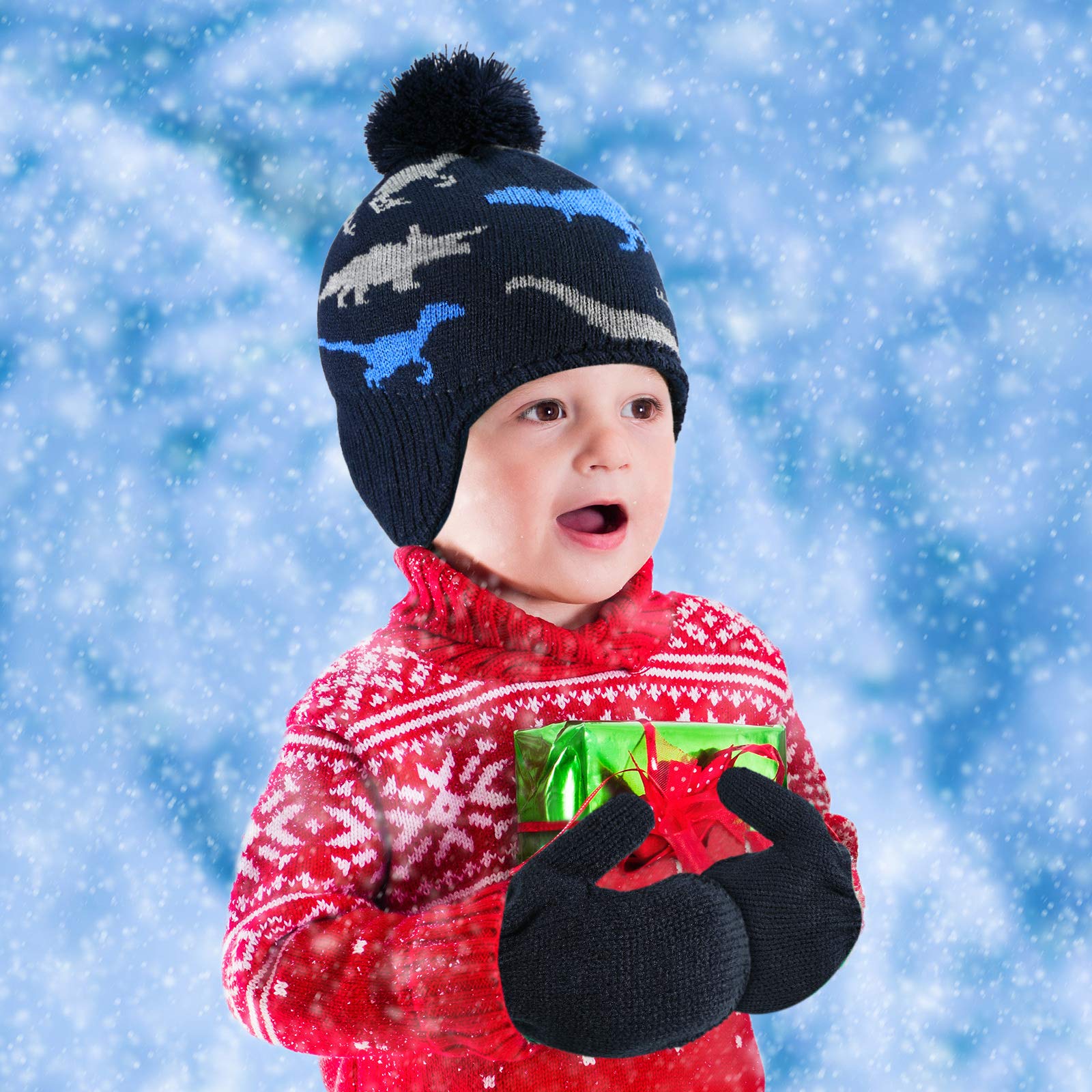 Boys Winter Hat Mitten Gloves Set Toddler Warm Beanie Earflap Baby Knit Fleece Lined Hat (Navy Blue,4-5 Years Old)