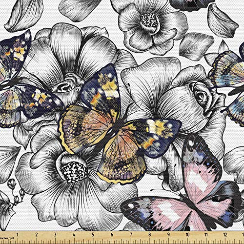 Ambesonne Butterfly Fabric by The Yard, Monochrome Floral with Colorful Summer Season Animal Blooming Flowers, Decorative Fabric for Upholstery and Home Accents, 1 Yard, Pink Orange