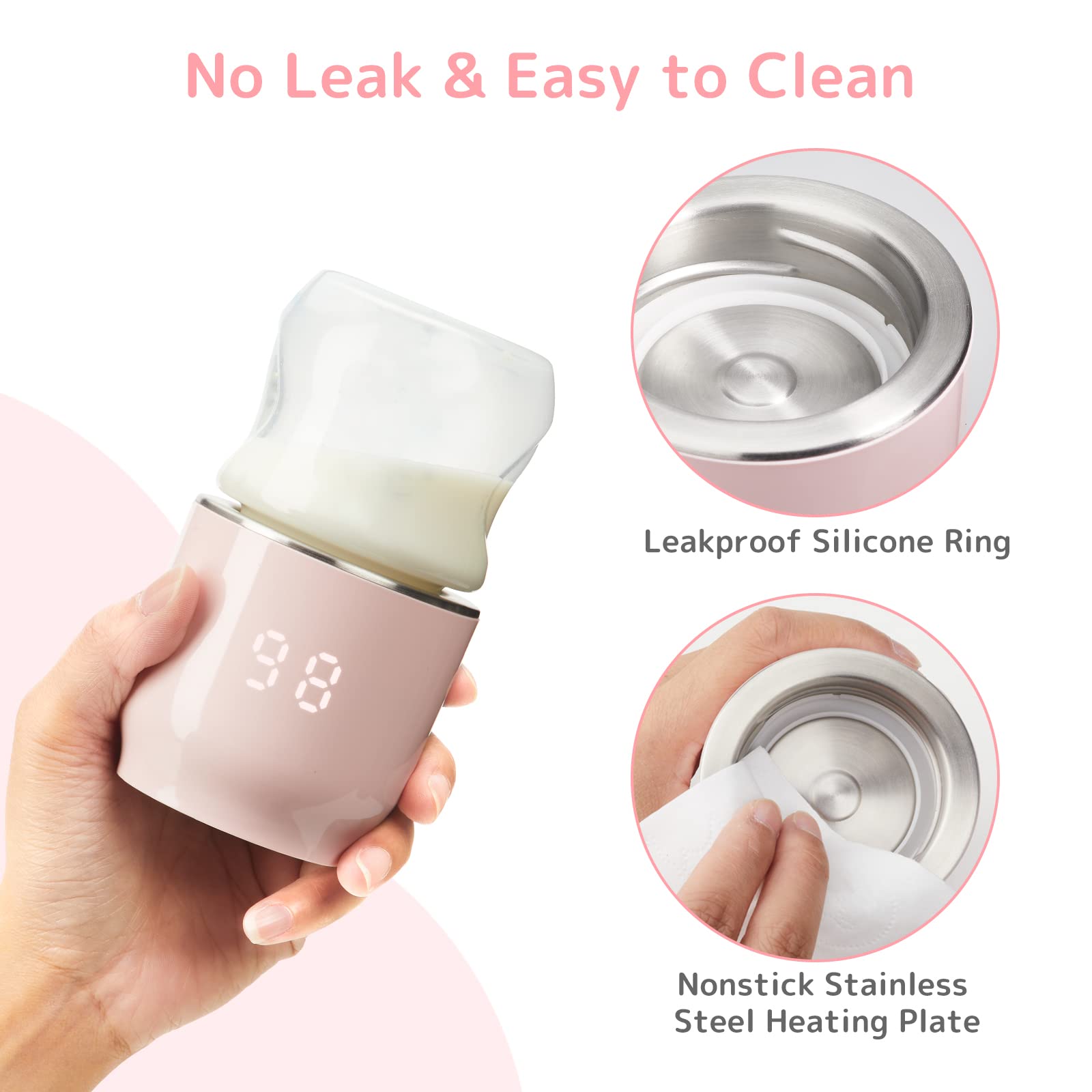 Befano Travel Bottle Warmer with Formula Dispenser, Leak-Proof Portable Bottle Warmer for Breastmilk and Formula. On The Go Baby Milk Warmer Set, Precise Instant Temperature Display, BPA Free - Pink