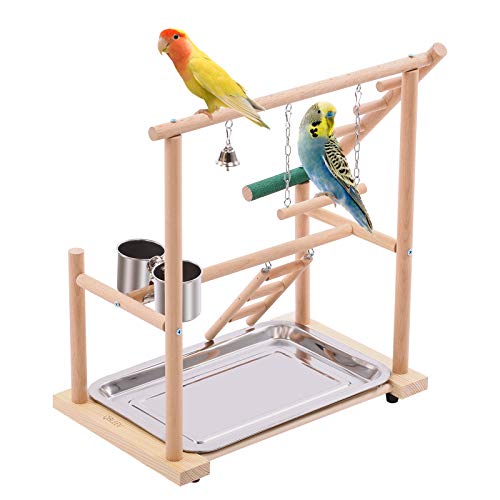 Bird Play Stand Parrots Playground Wooden Stick Perch,Bird Playpen Exercise Gym with Ladder Feeder Cup Bell Swing,Parrot Play Climb Gym for Parakeet Cockatiel Conure(Include a Tray)