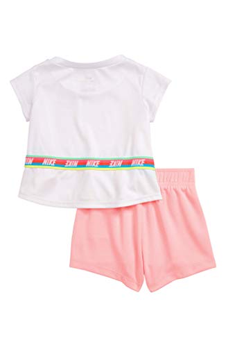 Nike Girl`s Contrast Logo Taping Graphic Print T Shirt & Shorts 2 Piece Set (Pink(26G485-A8F)/White, 3T)