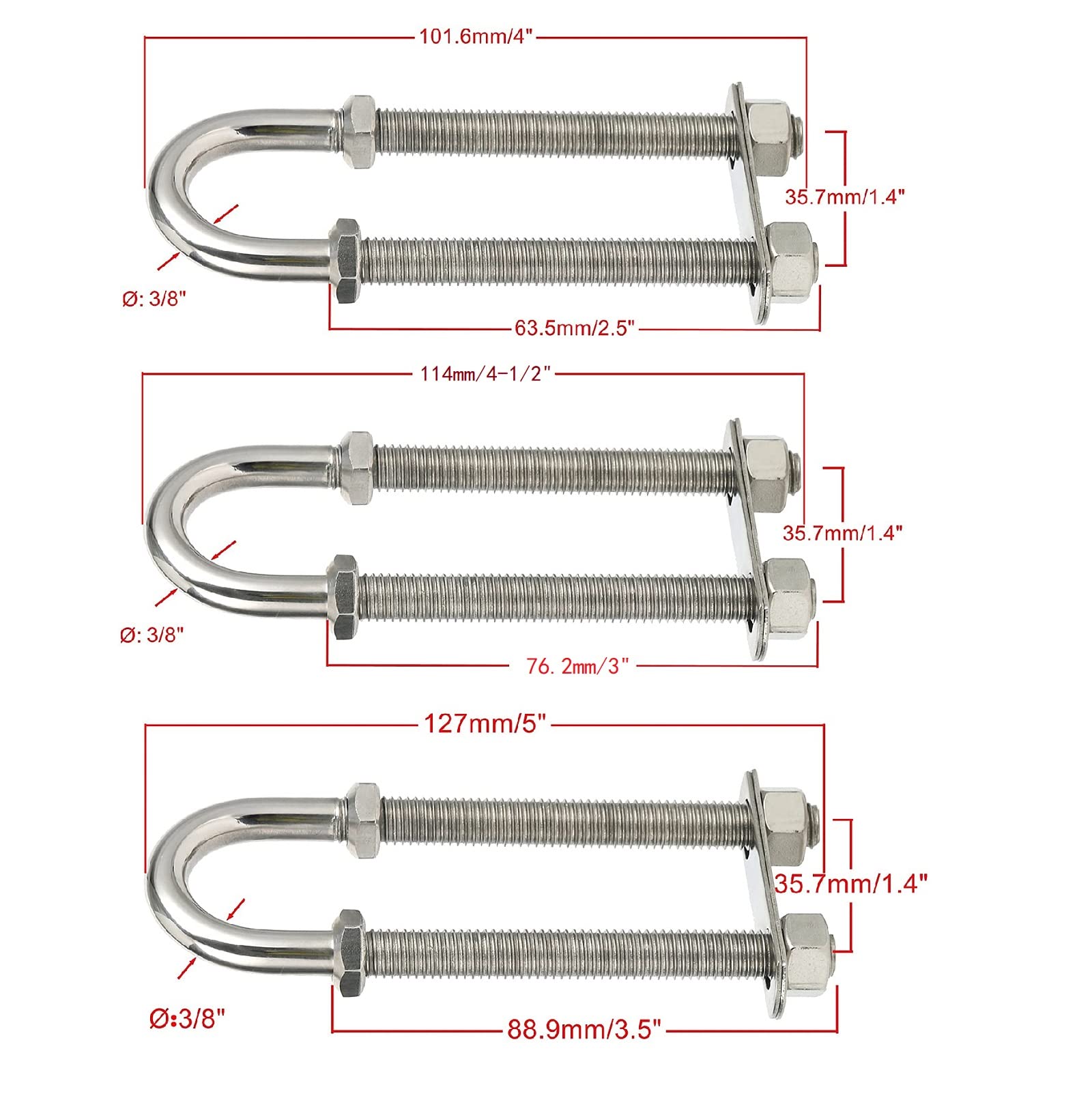 YaeMarine 2-Pack 3/8" Dia Stainless Steel Marine Boat Stern Bow Eye Tie Down U Bolt Thread Length 2-1/2", 3", 3-1/2" Option (3/8" Dia x 3-1/2" Thread Length, 5" Overall Length)