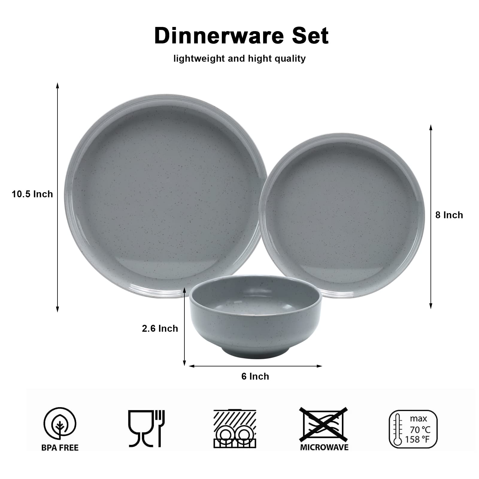 12 Pcs Melamine Dinnerware Sets, Plates and Bowls Sets, Dishes Set for 4, Melamine Plates, Outdoor Dinnerware Set, Lightweight, Unbreakable, Dishwasher Safe,BPA Free (Grey)