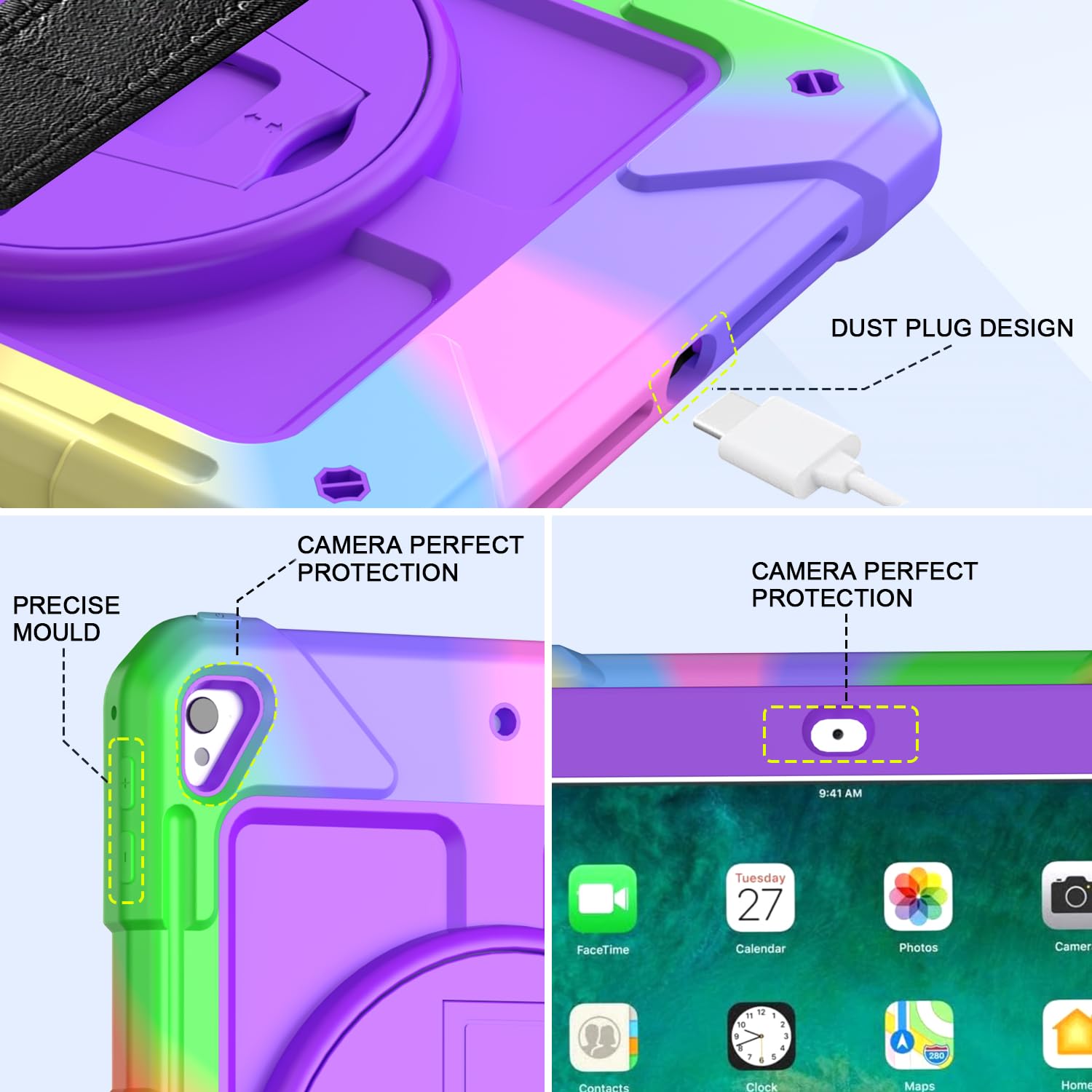 BMOUO Case for iPad 6th/5th Generation Case (9.7 inch, 2018/2017), 360°Rotating Stand, Hand/Shoulder Strap Shockproof iPad 9.7” Case for iPad Air 2, Purple