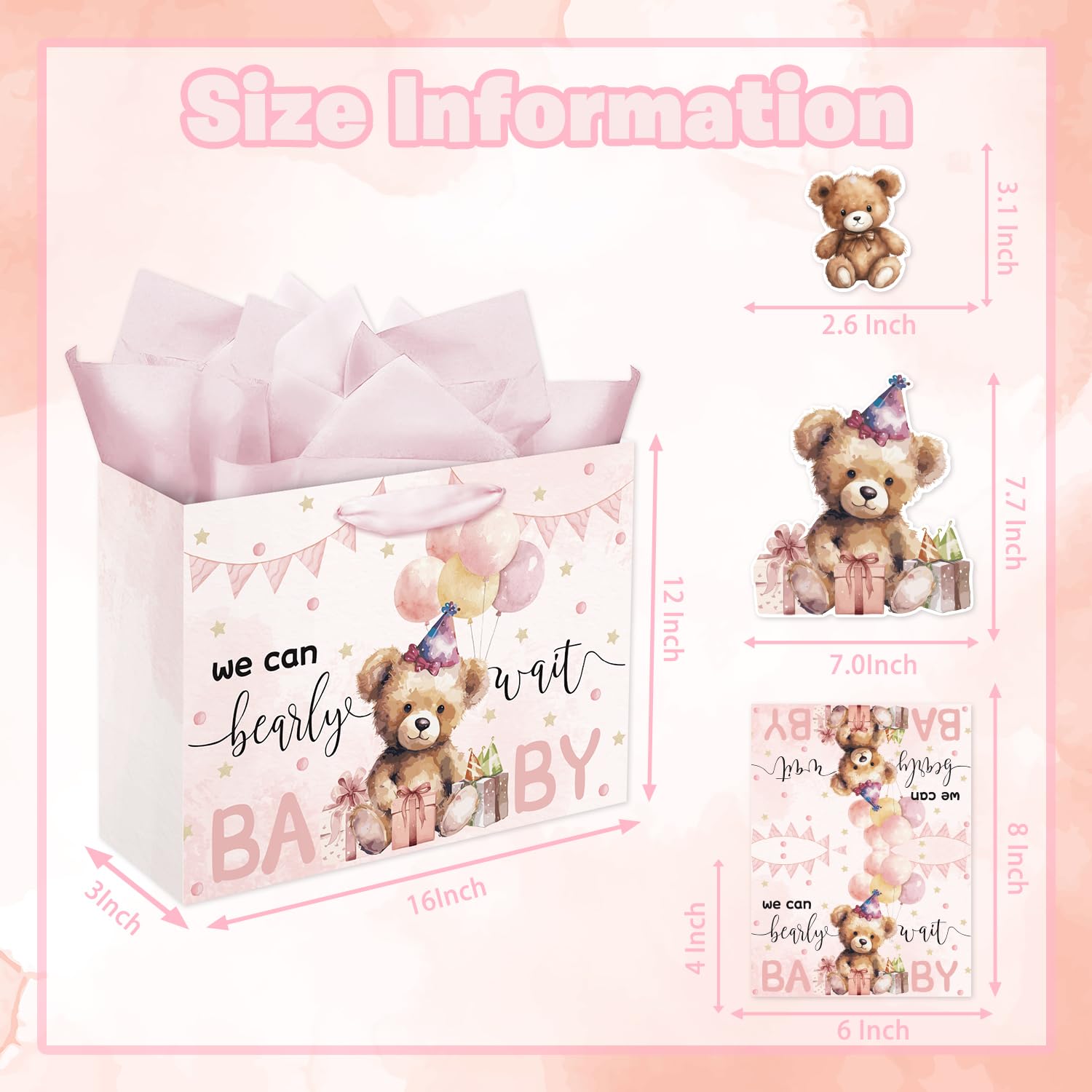 16" Large Baby Girl Gift Bag, 3D Making Pink Bear Baby Gift Bag with Handle, Tissue Paper and Greeting Card