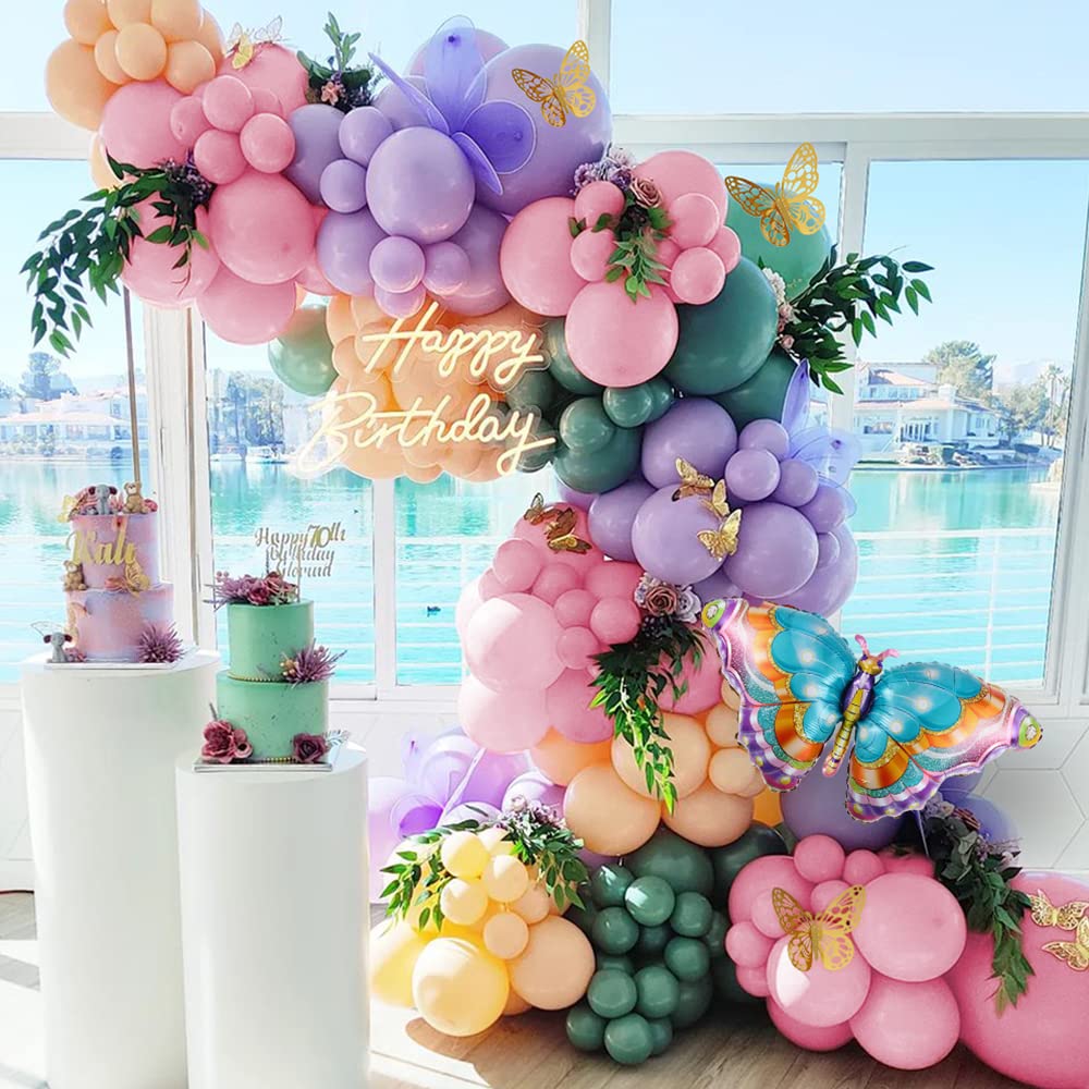 142Pcs Pastel Pink Purple Balloon Arch Kit Butterfly Balloon Garland Rainbow Color Macaron Sage Green Apricot Blush Balloons for Girls Birthday Wedding Bridal Baby Shower Decorations (Multi)