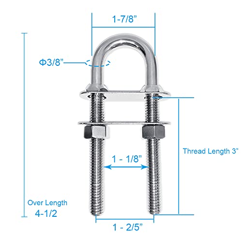 Boat U Bolt Stern Bow Eye Tie Down, Marine Stainless Steel with Hex Nuts and Washers, 4-1/2 in Overall Length, 3/8 in Stock, 3 in Thread Length (2 Pcs)