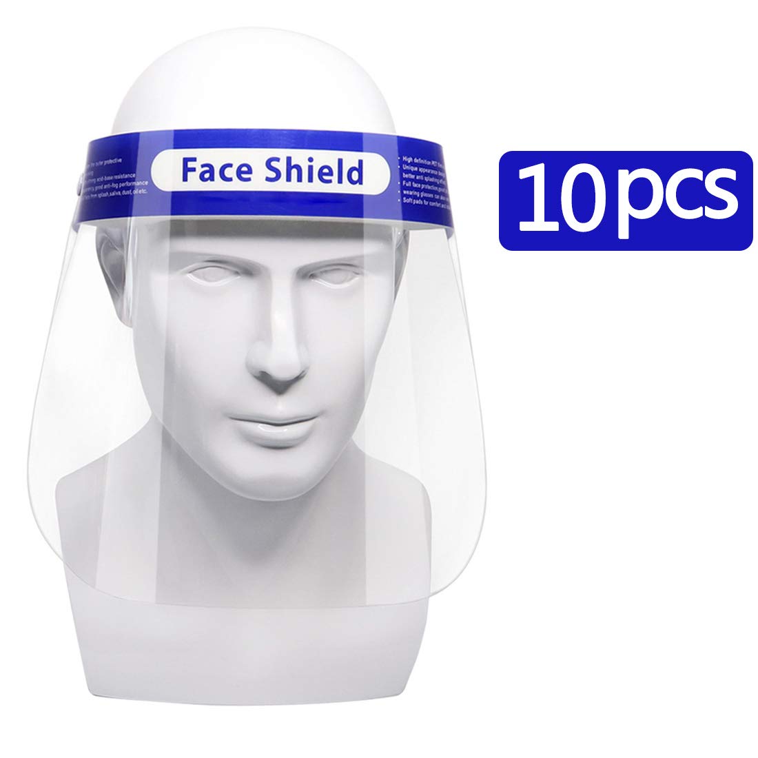 10 Pack Face Shields, Plastic Face Mask Shield for Anti-Fog Lens, Full Face Shield with Adjustable Elastic Band and Comfortable Sponge for Women Men