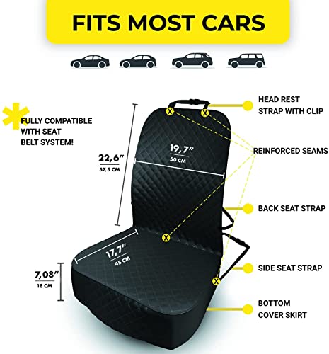 5 STARS UNITED Front Seat Dog Cover for Car - Durable Black Waterproof Protector Against Dirt, Mud & Fur - Scratch Proof Non-Slip Padded Quilted Front Seat Covers for Dog for Cars, Trucks & SUV