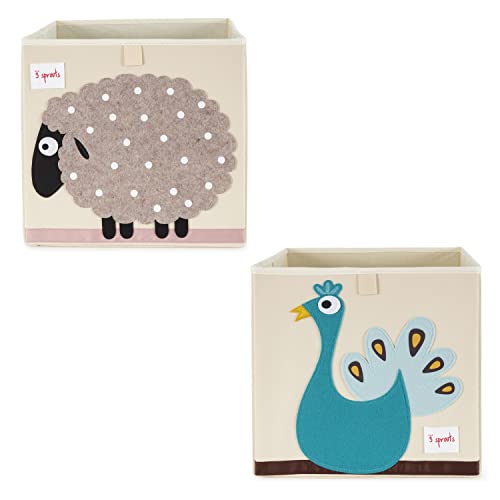 3 Sprouts Children's Large 13 Inch Foldable Fabric Storage Cube Box Polka Dot Sheep Toy Bin with Blue Peacock Toy Bin