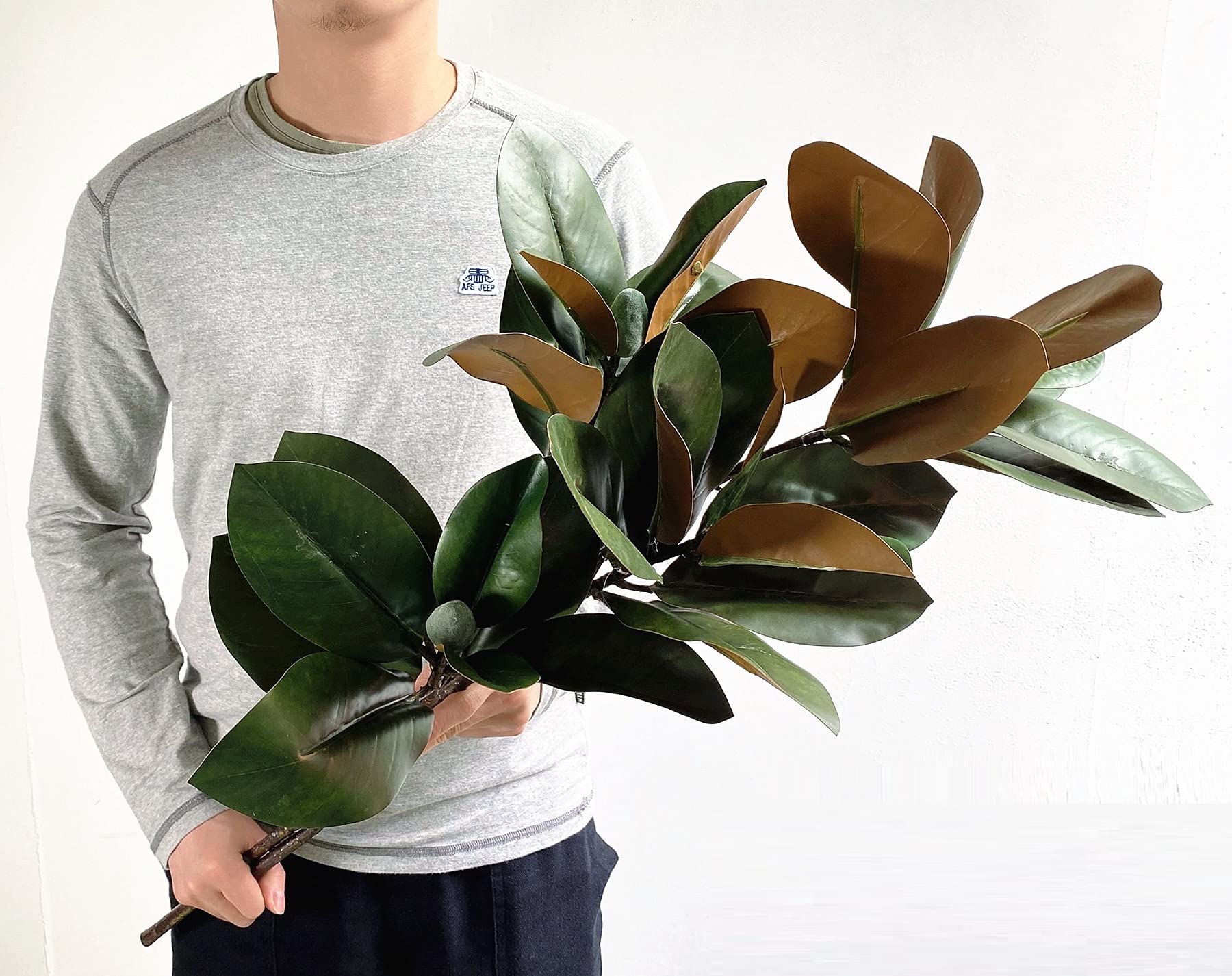 32 Inch Magnolia Artificial Leaves Branches 3D Plastic Printing Houseplant Plant Indoor Outdoor Home Decor (Dark Green - Pack of 2)