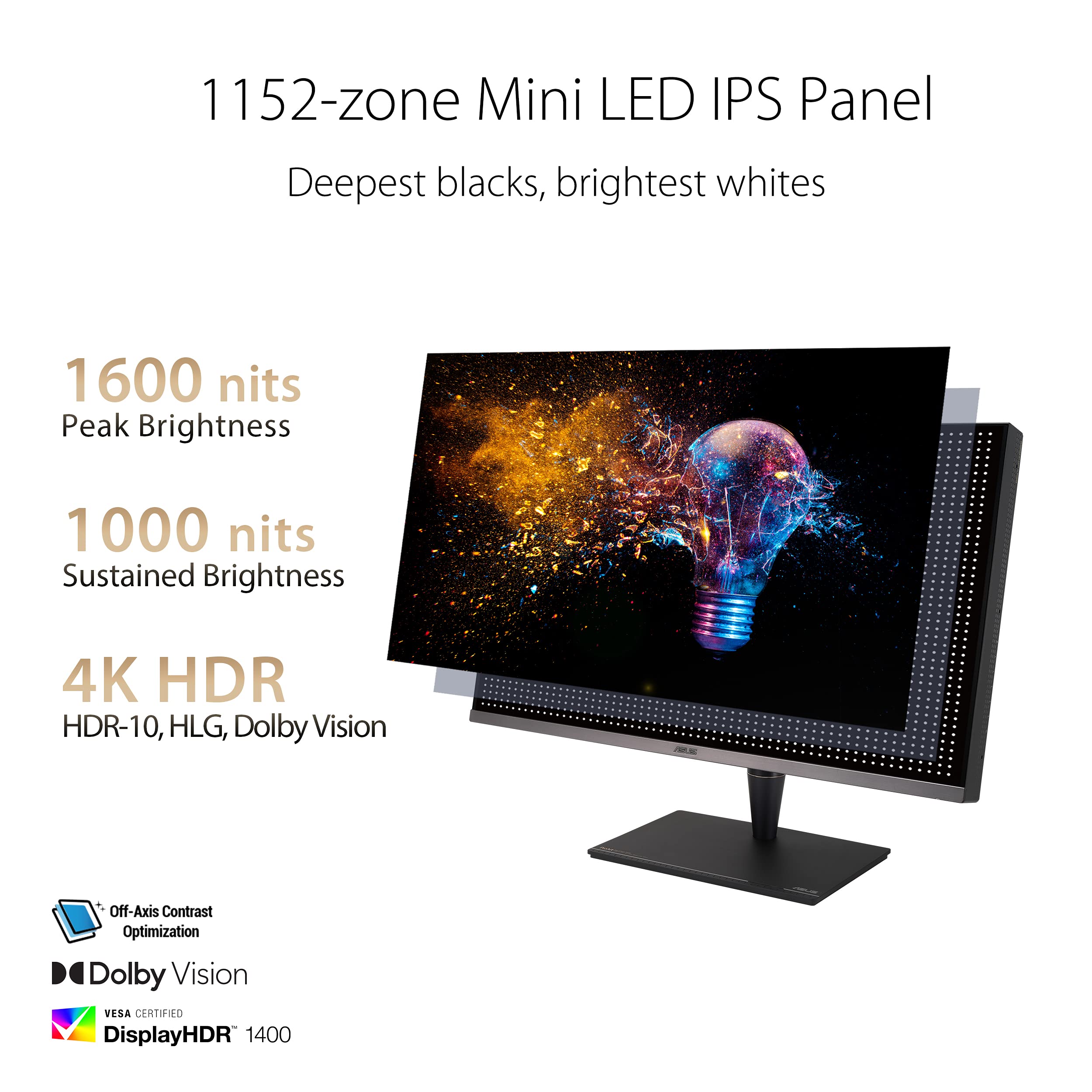 ASUS ProArt Display 32” 4K HDR Computer Monitor (PA32UCG-K) - UHD (3840 x 2160), Mini-LED IPS, 1600nits, 120Hz, 10-bit, Thunderbolt 3, HDMI2.1, w/Calibrator, Compatible With Laptop & Mac Monitor,Black