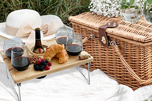 Comfort Theory Bamboo Wine Picnic Table | Collapsible Tray for Indoor & Outdoor Use | Perfect Wine Lover Gift | Folding Table with Wine Glass & Hard Seltzer Can Holders | Wine & Cheese Server