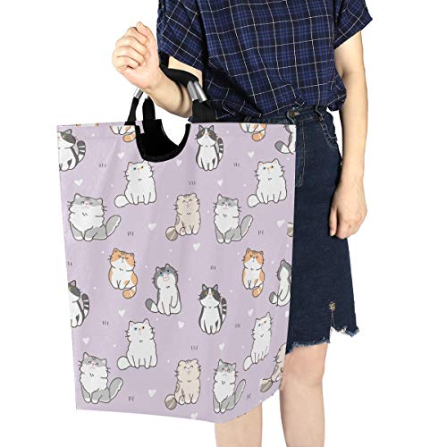 Qilmy Purple Cat Laundry Basket Collapsible Large Clothes Hamper Nursery Storage Bin with Handle for Bedroom, Bathroom, Dorm, Kids Room