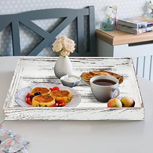 16 x 11 Inches Solid Wood Serving Tray with Handles,Classic Tea Coffee Table Tray Breakfast Tray Wooden Decorative Ottoman Tray Serve for Snack Food Meals Kitchen Party Bar White Rectangle