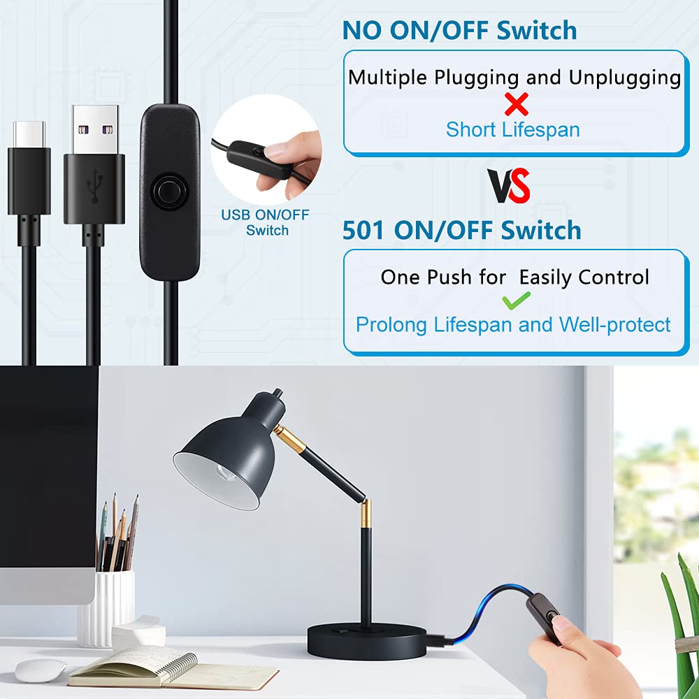 ELECTOP USB Charging Switch Cable, USB A to USB C,USB Type C Fast Charge Cable with ON/Off Switch,Compatible with Raspberry Pi 4 B, USB Desk Lamp/Fan, LED Strip String, Easy Start/Reboot(2 Pack)