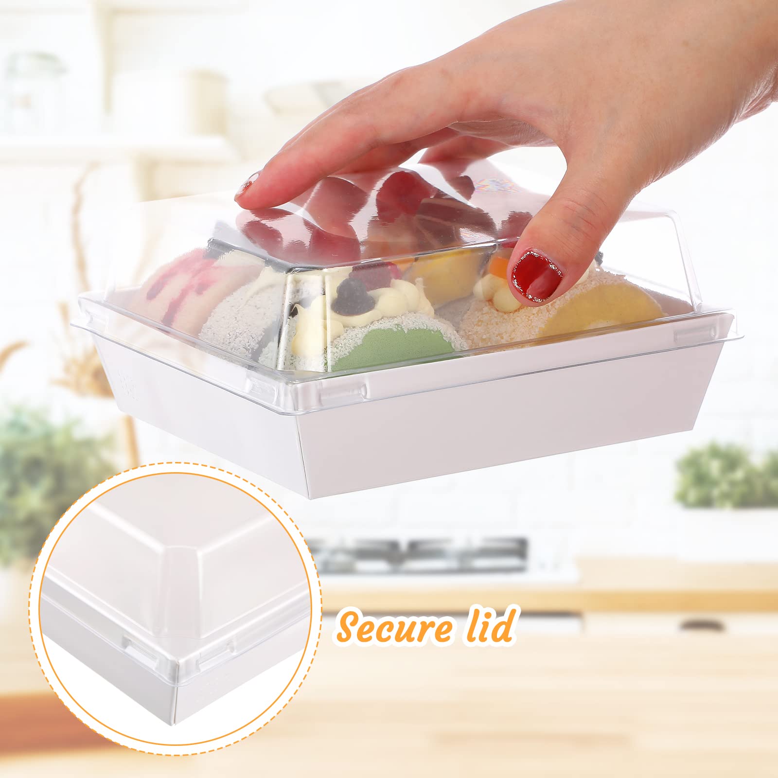 100 Pcs Disposable Food Containers with Clear Secure Lids 5.4 Inch Paper Charcuterie Box Square Cake Boxes Dessert Boxes Cake Slice Container for Sandwich, Cookies, Strawberries, Brown and White
