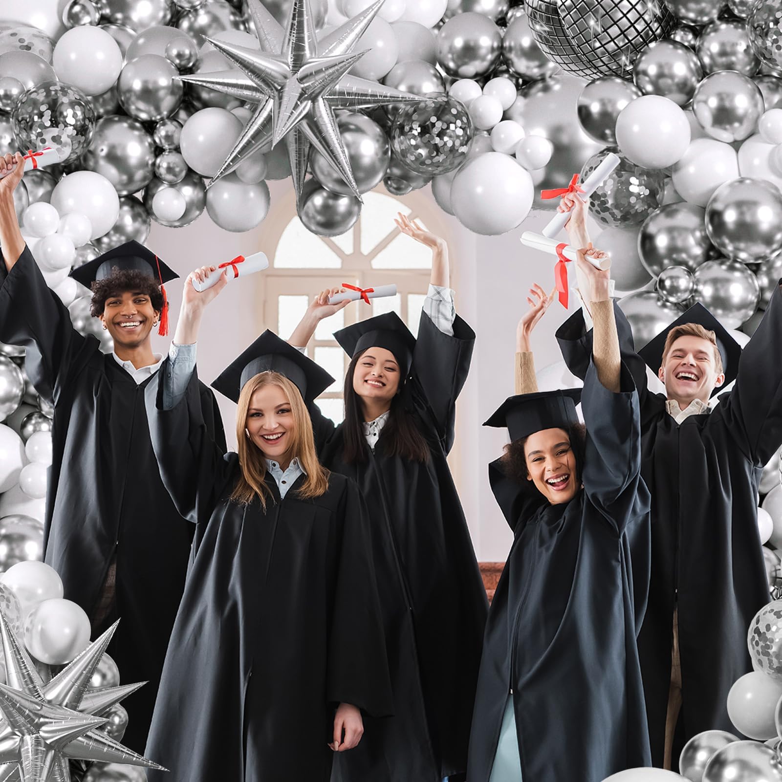 135pcs Disco Balloon Arch Garland Kit, White Silver Balloons with Disco Ball Balloons Silver Foil Balloons for Birthday Decorations Graduation Prom Decorations 2024 Disco Party Decorations