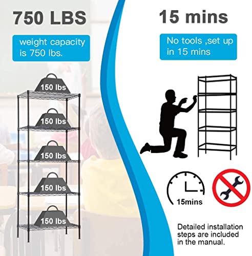 5-Tier Metal Shelving Unit, Heavy Duty Storage Shelves Hold 750LBS NSF Steel Organizer Wire Rack for Closet Basement Office Kitchen Laundry, 24" W x 14" D x 60" H- Black