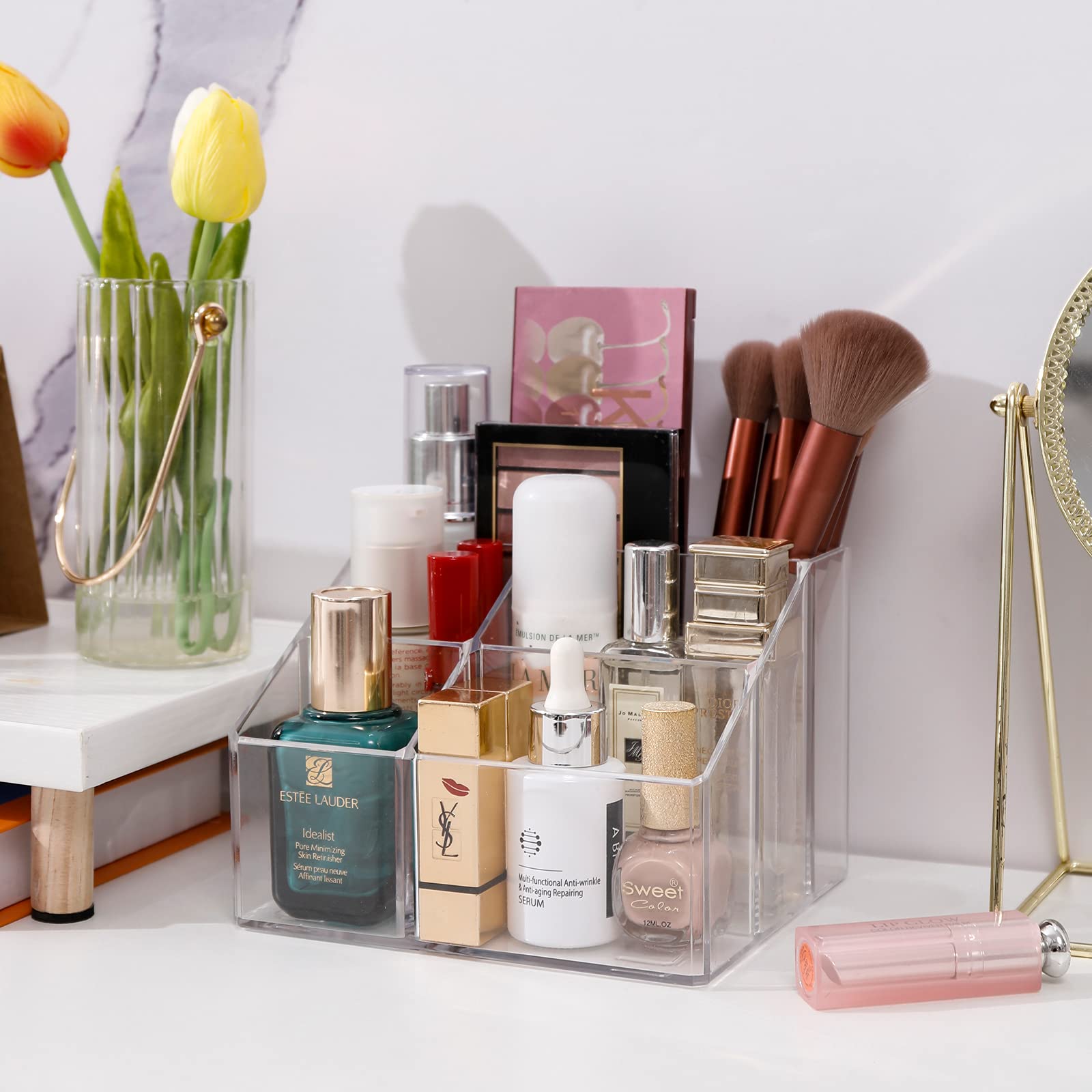 Yesesion Clear Makeup Organizer with 5 Compartments, Plastic Bathroom Counter Storage for Skincare, Toothbrush, Cosmetics Brushes, Palette, Lipsticks, Hair Accessories Holder for Vanity Dresser