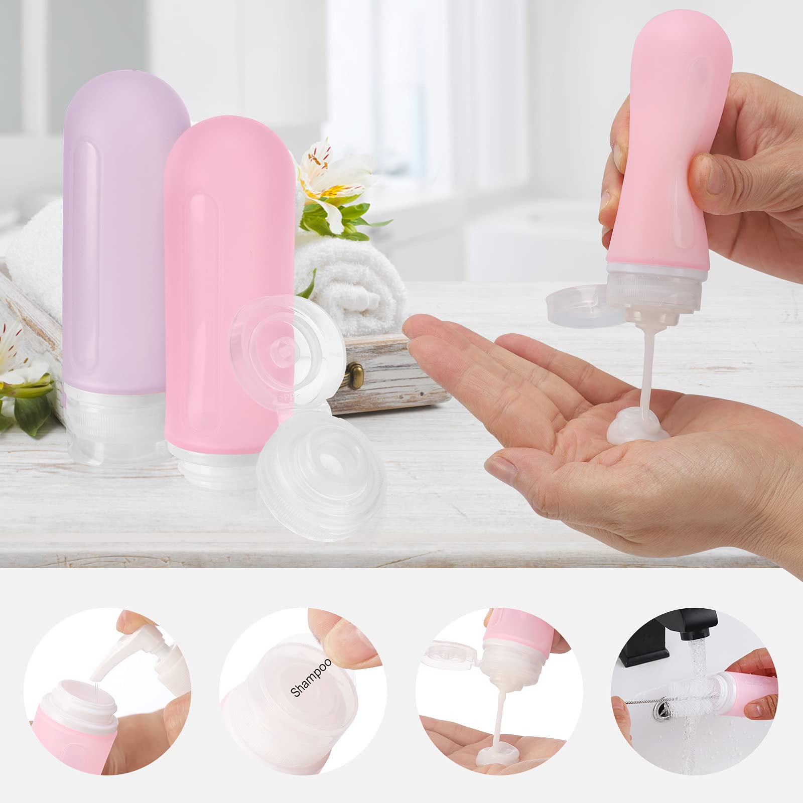 Beveetio 17 Pack Travel Bottles TSA Approved, 3OZ Leakproof Silicone Refillable Travel Size Containers for Toiletries, BPA Free Travel Accessories Tubes Cosmetic Shampoo Lotion Soap