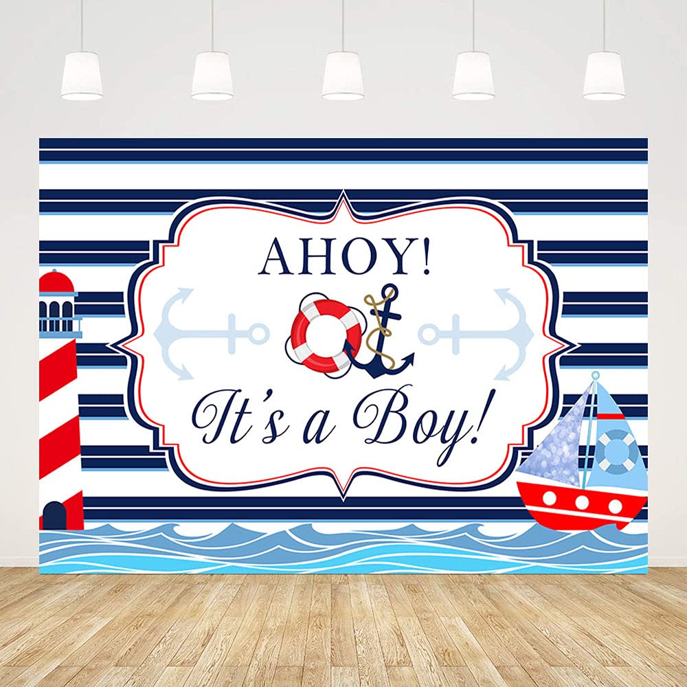 ABLIN 7x5ft Ahoy Nautical Boy Baby Shower Backdrop It's a Boy White Blue Stripes Marine Sea Lighthouse Ship Background Newborn Baby Gender Reveal Party Decor Banner Photo Booth Props