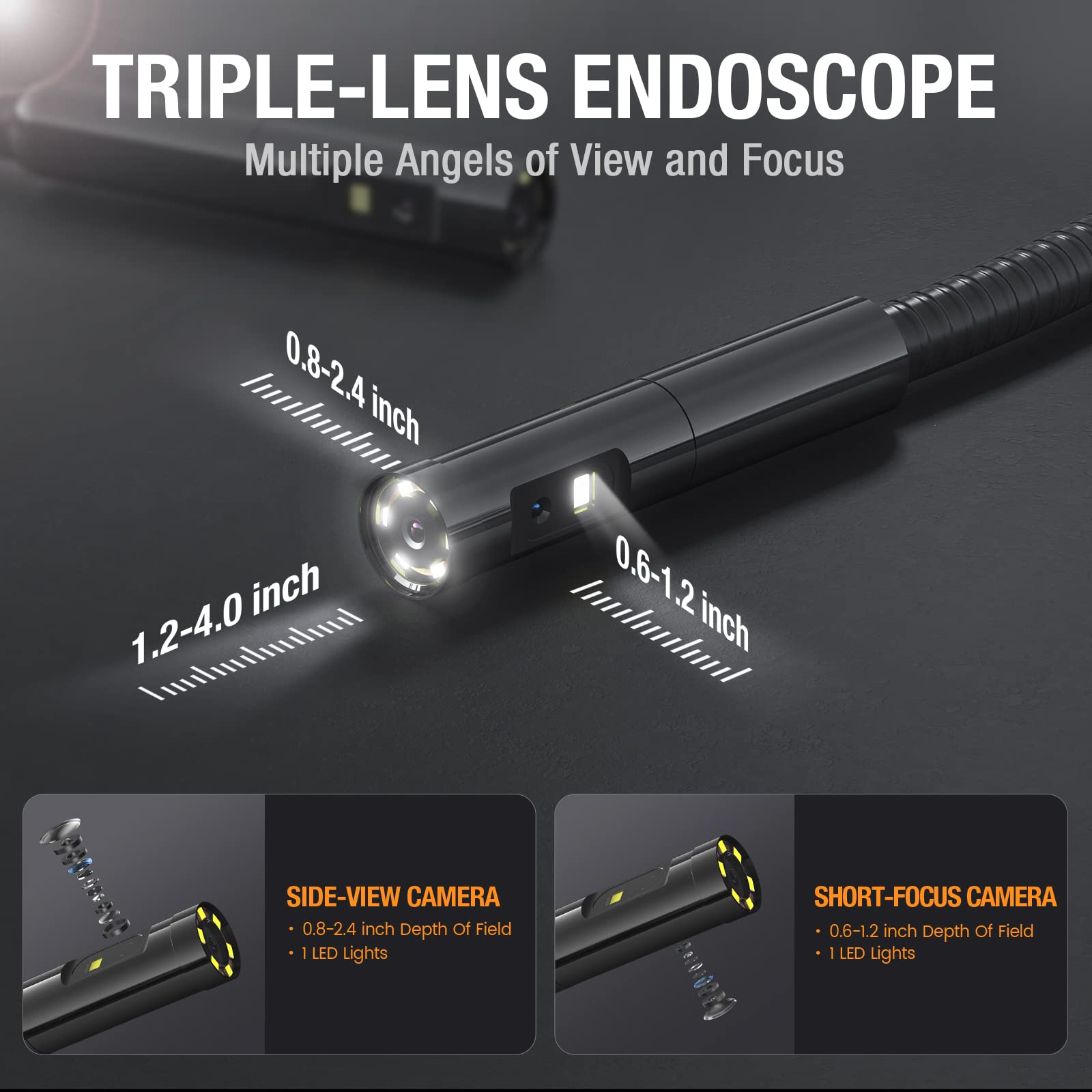 Triple Lens Endoscope with Light, Teslong NTS500 Pro Borescope Inspection Camera with 5inch 720P HD Monitor, Industrial Mechanic Camera Scope, Fiber Optic Snake in Wall Camera(16.5FT)