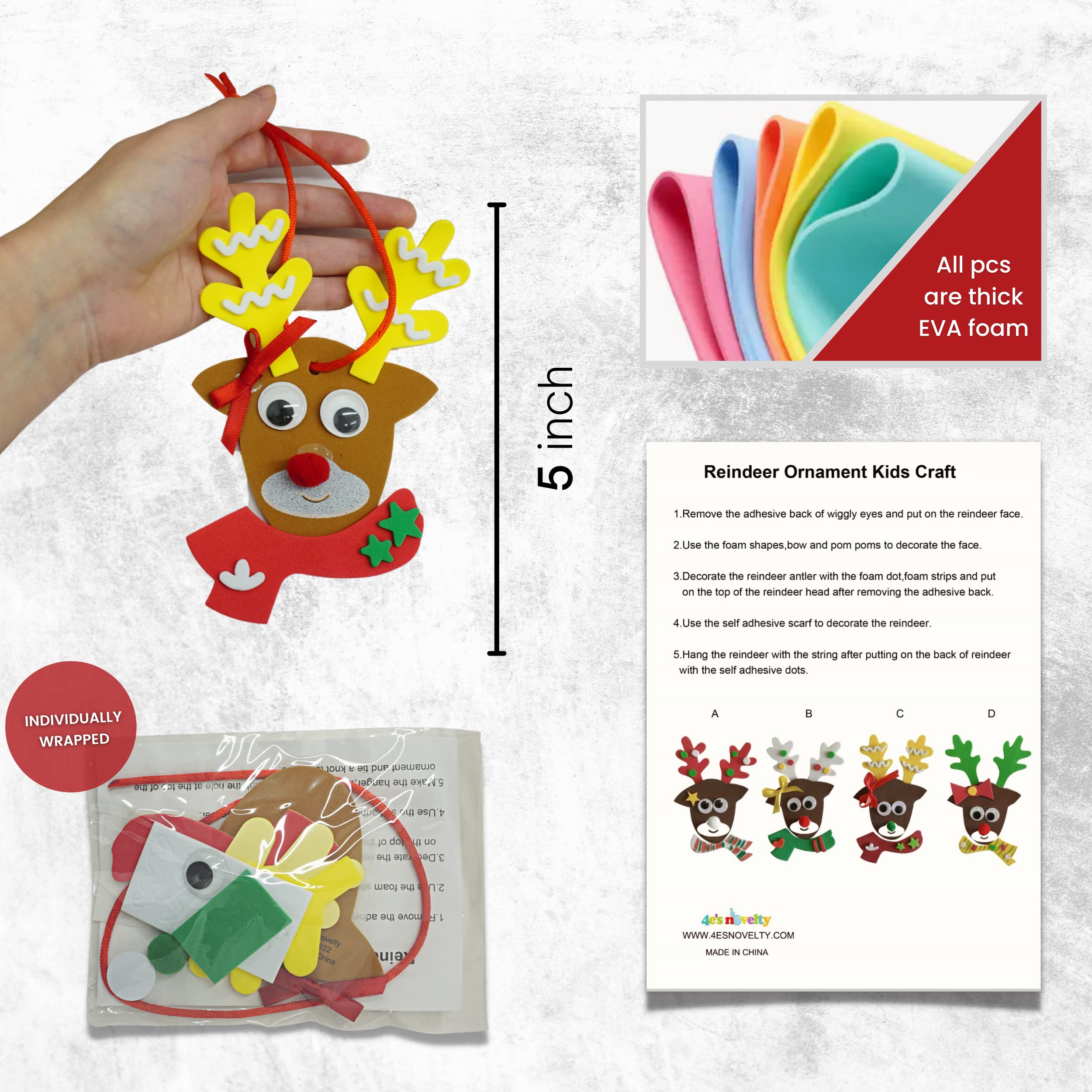 4E's Novelty Reindeer Christmas Ornament Craft for Kids (12 Pack) Updated Edition - Foam Bulk Arts and Crafts Kit for Kids Toddlers 4-8 DIY Craft Party Favor Activity Project