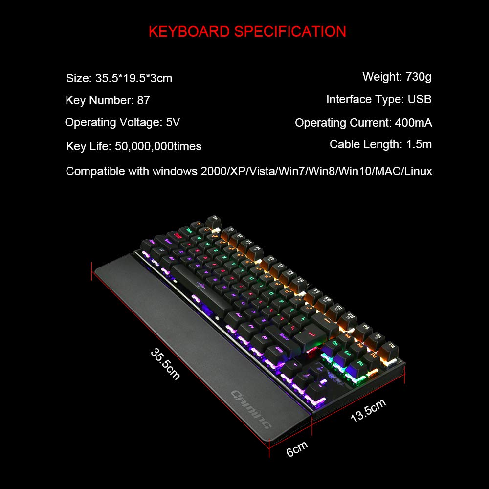 RedThunder K28 Mechanical Gaming Keyboard with Blue Switches, 87 Keys 100% Anti-ghosting Keyboard with Colorful LED Backlight and Big Hand-Rest for PC and Laptop Gamers