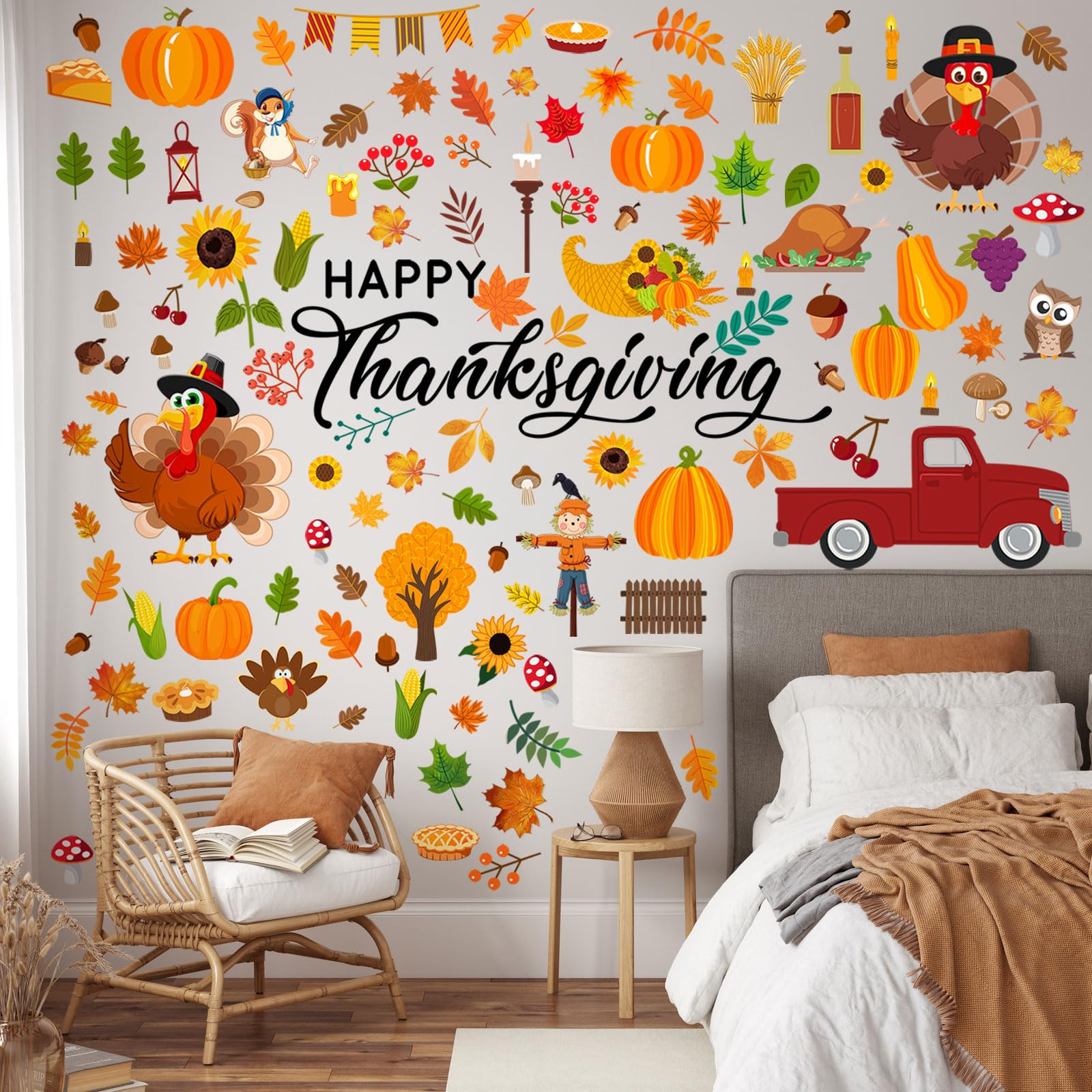 115 Pcs Fall Thanksgiving Wall Decals Turkey Maple Leaves Wall Stickers Autumn Pumpkin Wall Decals Decor Fall Leaves Window Clings Wall Decoration for Bedroom Living Room Home Decor