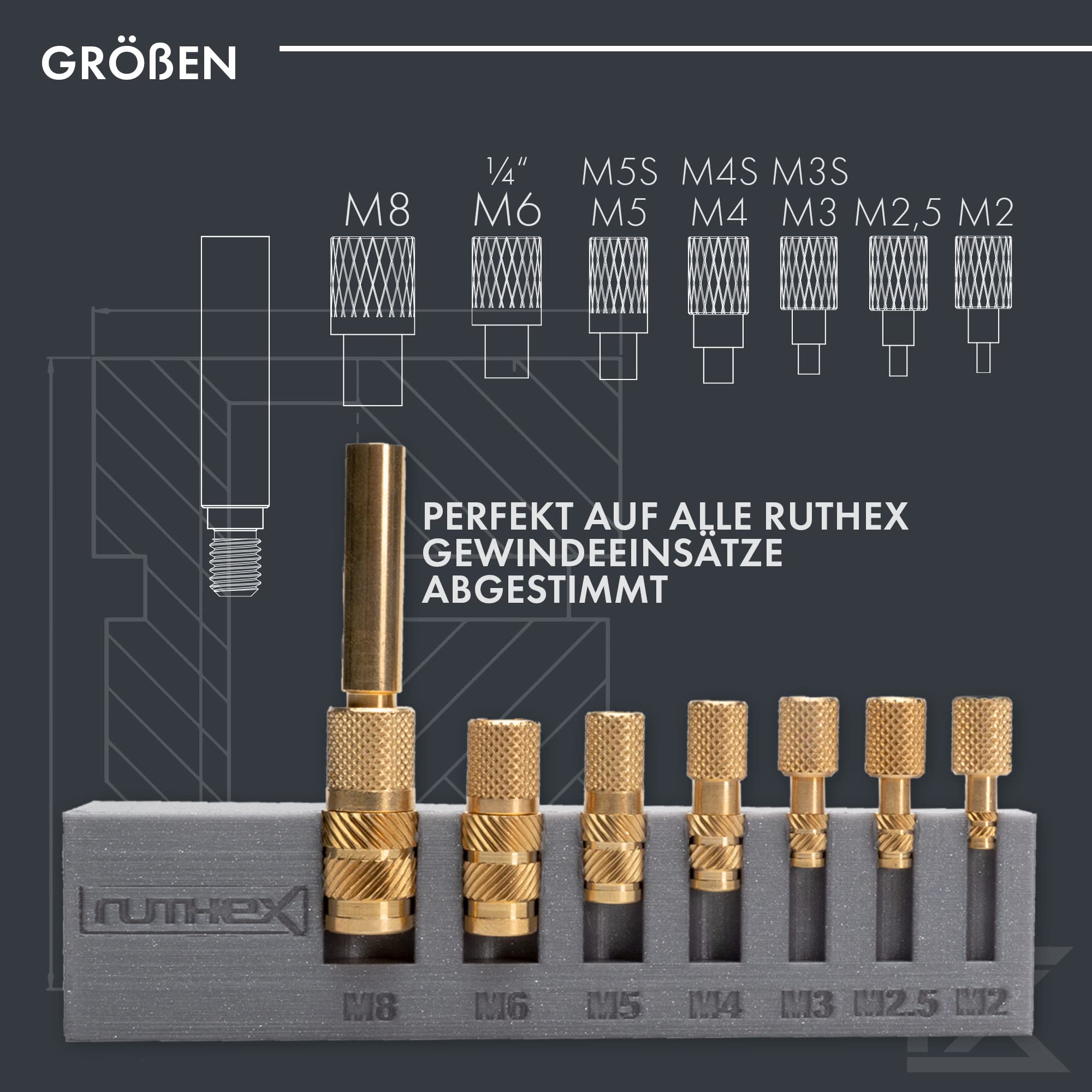 ruthex 7X Soldering Tips/Heat-Set Insert Tips - Threaded Inserts M2 / M2.5 / M3 / M4 / M5 / M6 / 1/4" / M8