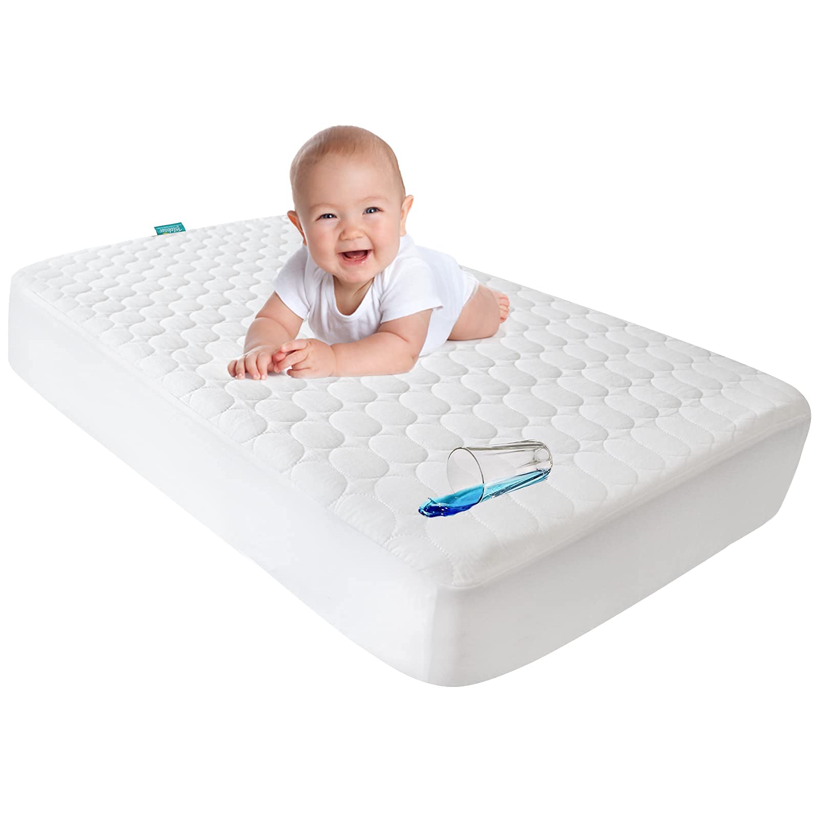 Toddler Waterproof Crib Mattress Pad Cover with 2 Pack Crib Sheets,Standard Size 52” x 28”,Machine Washable, White& Navy
