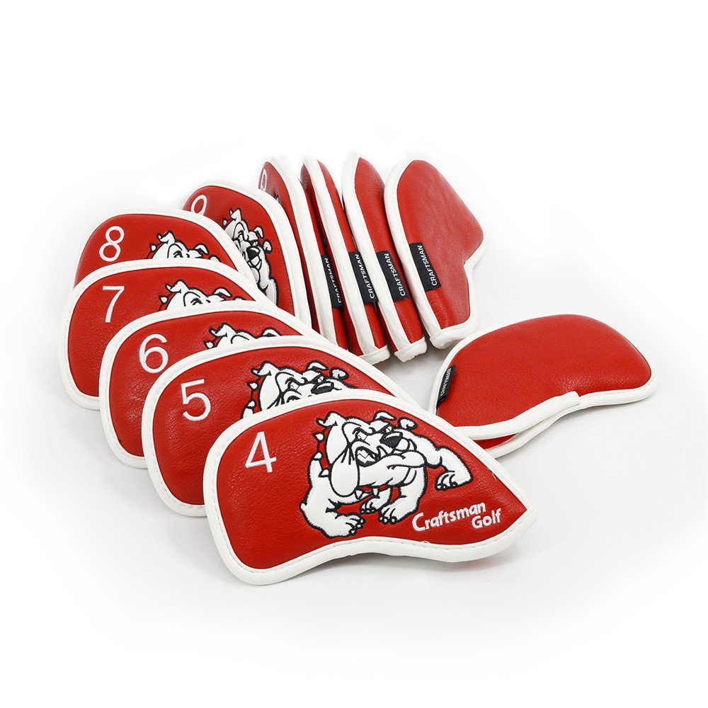 11pcs (4,5,6,7,8,9,A,S,P,L,X) Bulldog Waterproof Pu Leather Iron Headcover Head Covers Set for Taylormade,Callaway and Other Brand (Red)