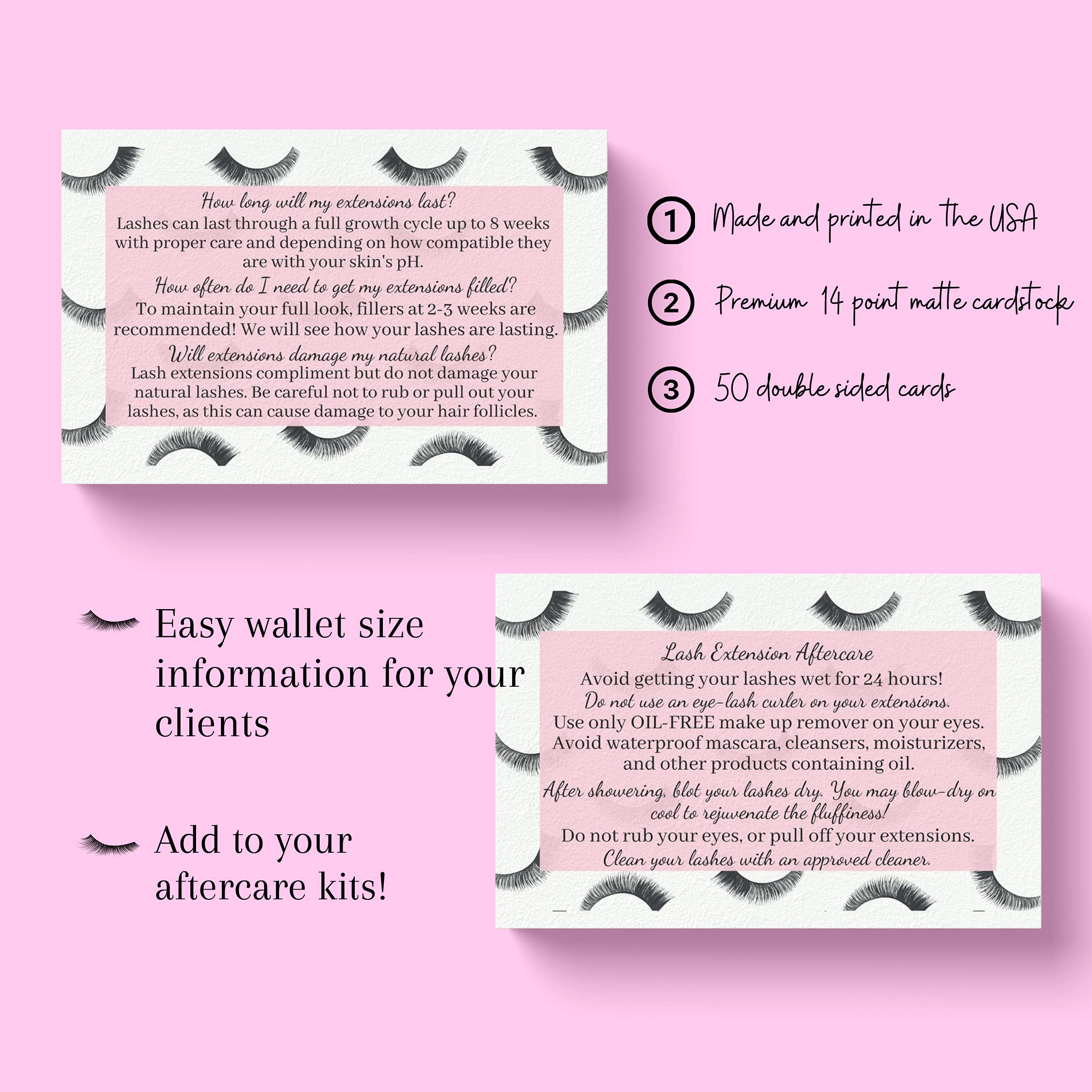 Lash Extension Aftercare Cards | 50 Pack | Eyelash Extension Supplies | Lash Print & Pink Design | Size 3.5 x 2" inches | After Care (2-3 Week Fillers)