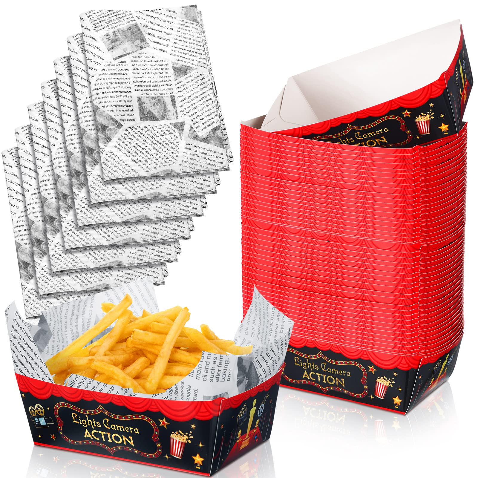 100 Pcs Movie Night Party Supplies Carnival 2 lb 50 Movie Paper Food Tray Party Bowl with 50 Waxed Deli Paper for Movie Decorations Movie Serving Tray Snack Popcorn Holder Assembled(Movie Style)