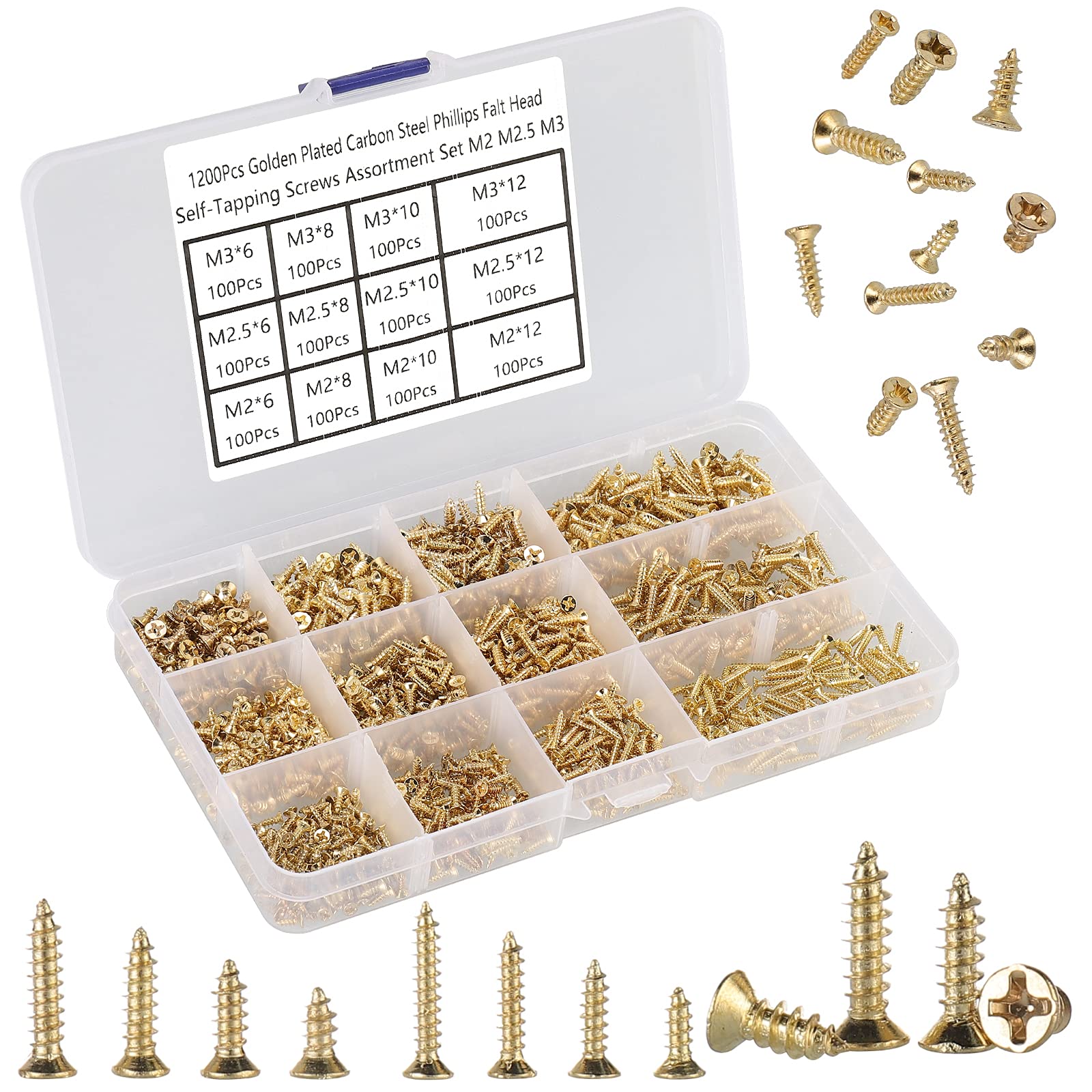 HanTof 1200Pcs Tiny Phillips Flat Head Self Tapping Screws for Wood, Plastic and Soft Metal. M2 M2.5 M3 Small Countersunk Tapper Screws Set for DIY Micro Woodworking Furniture Box. Golden,Carbon Steel